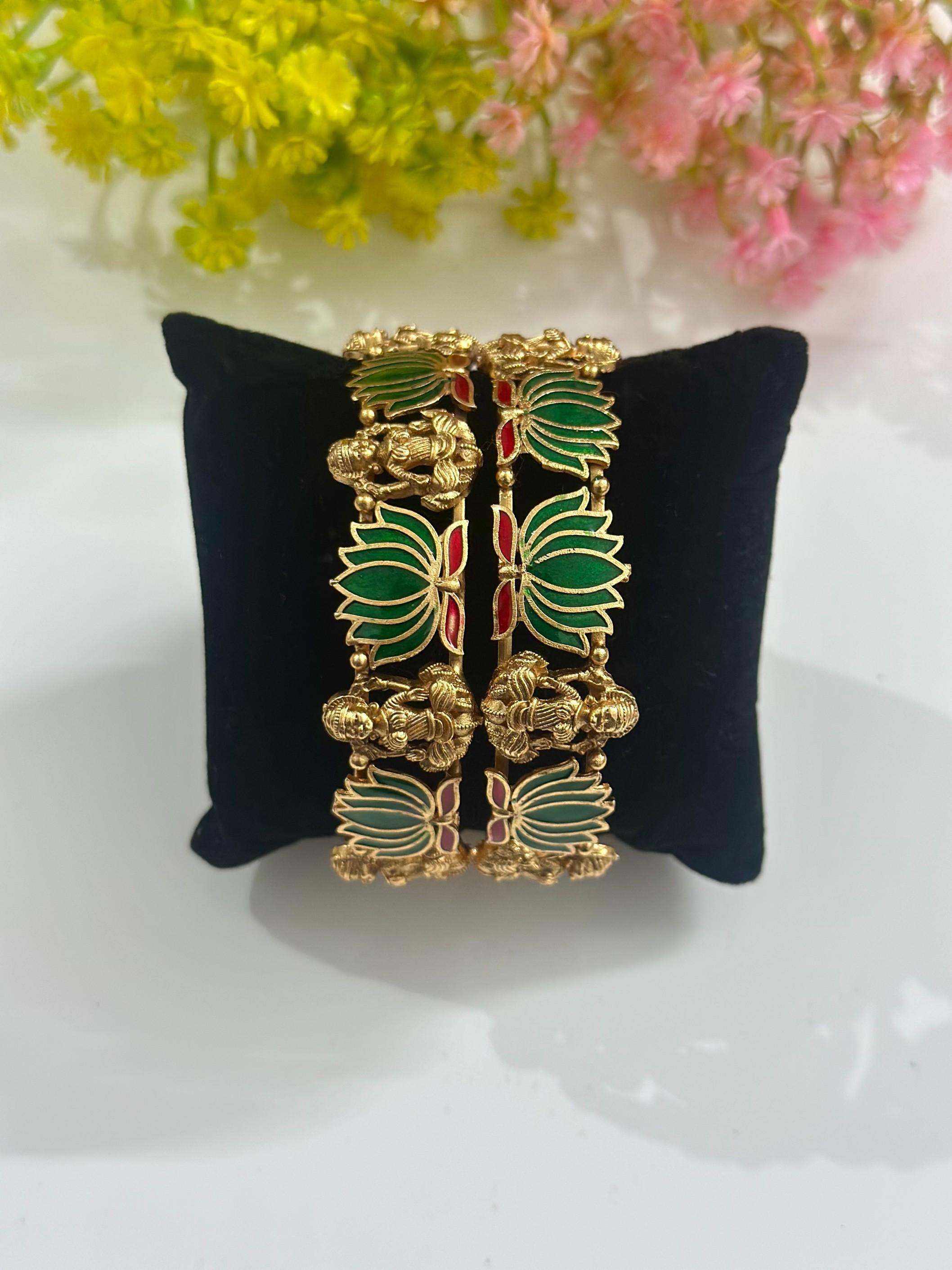 Lotus Enamel Temple Bangles Set of 2