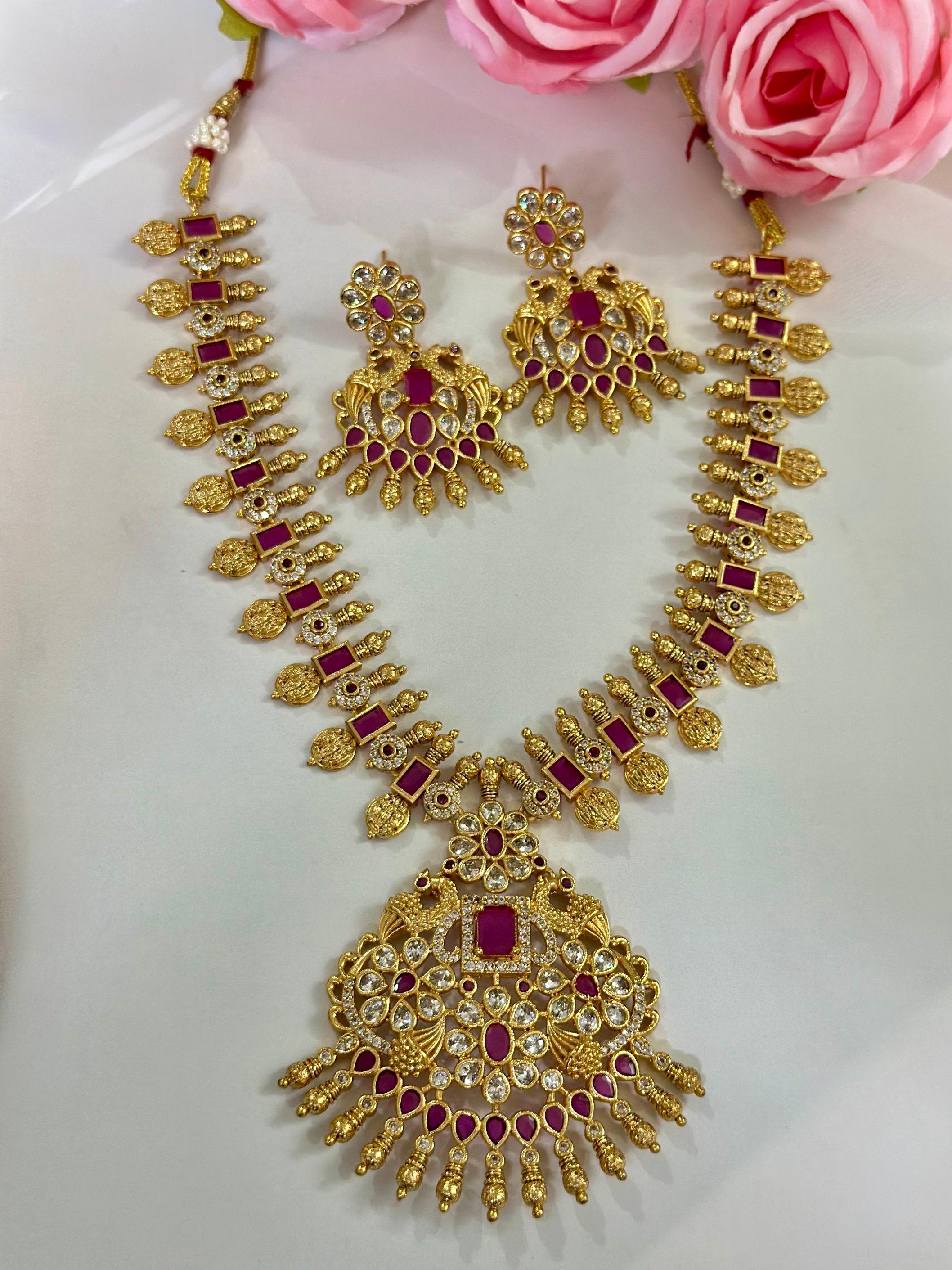 Peacock Antique Temple Bridal Set-Ruby